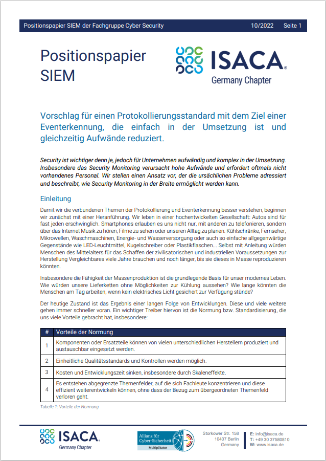 Positionspapier SIEM - Vorschlag für einen Protokollierungsstandard – ISACA Germany Chapter e. V.